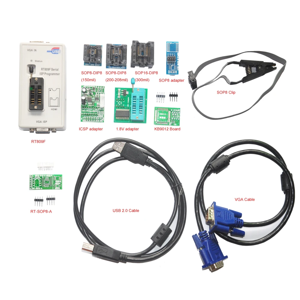 RT809F USB programmer + 8 Adapters + IC clip clamp +1.8V adapter VGA ...