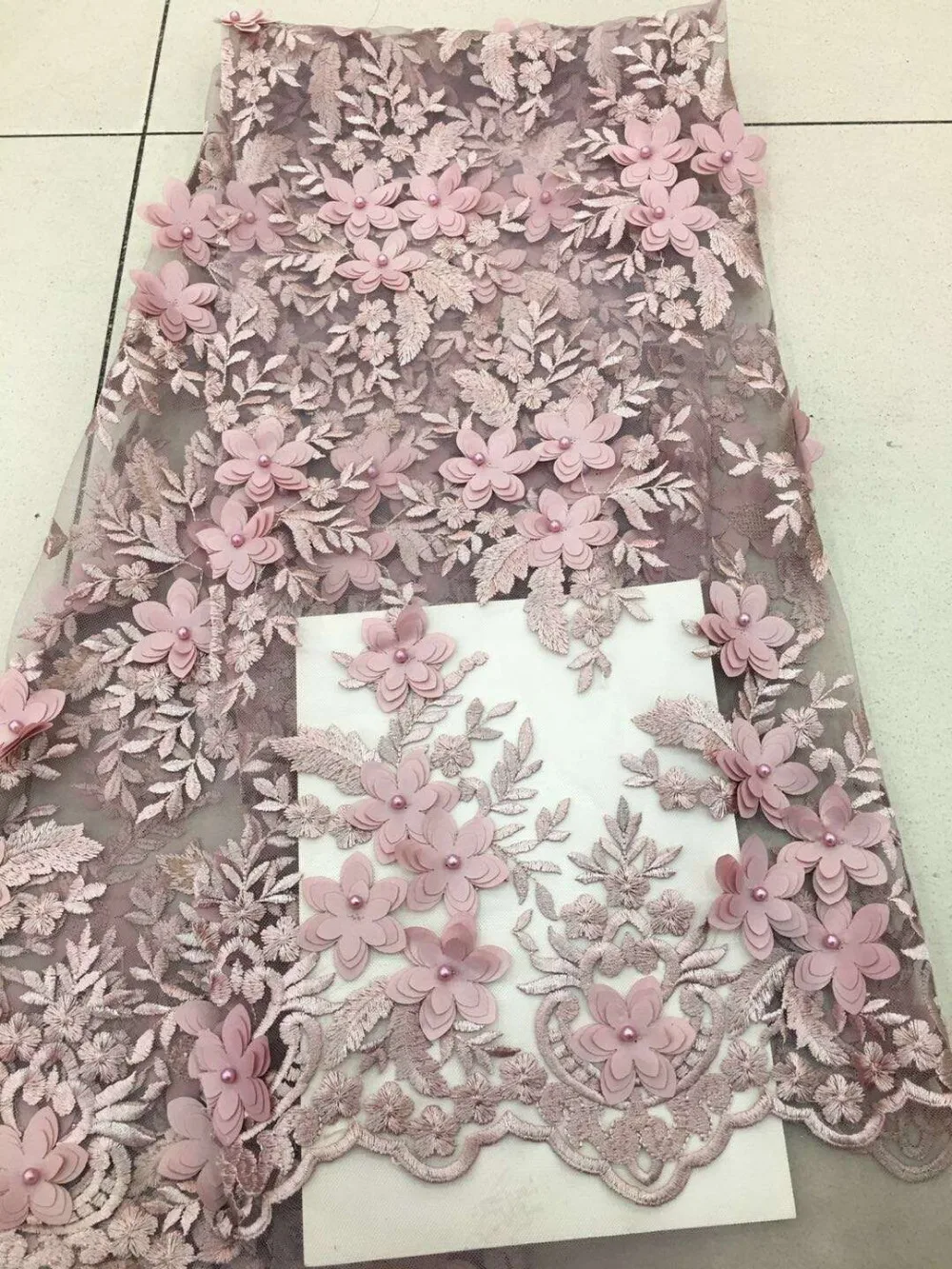 Pink french net lace fabric with beads embroidery tulle mesh guipure ...