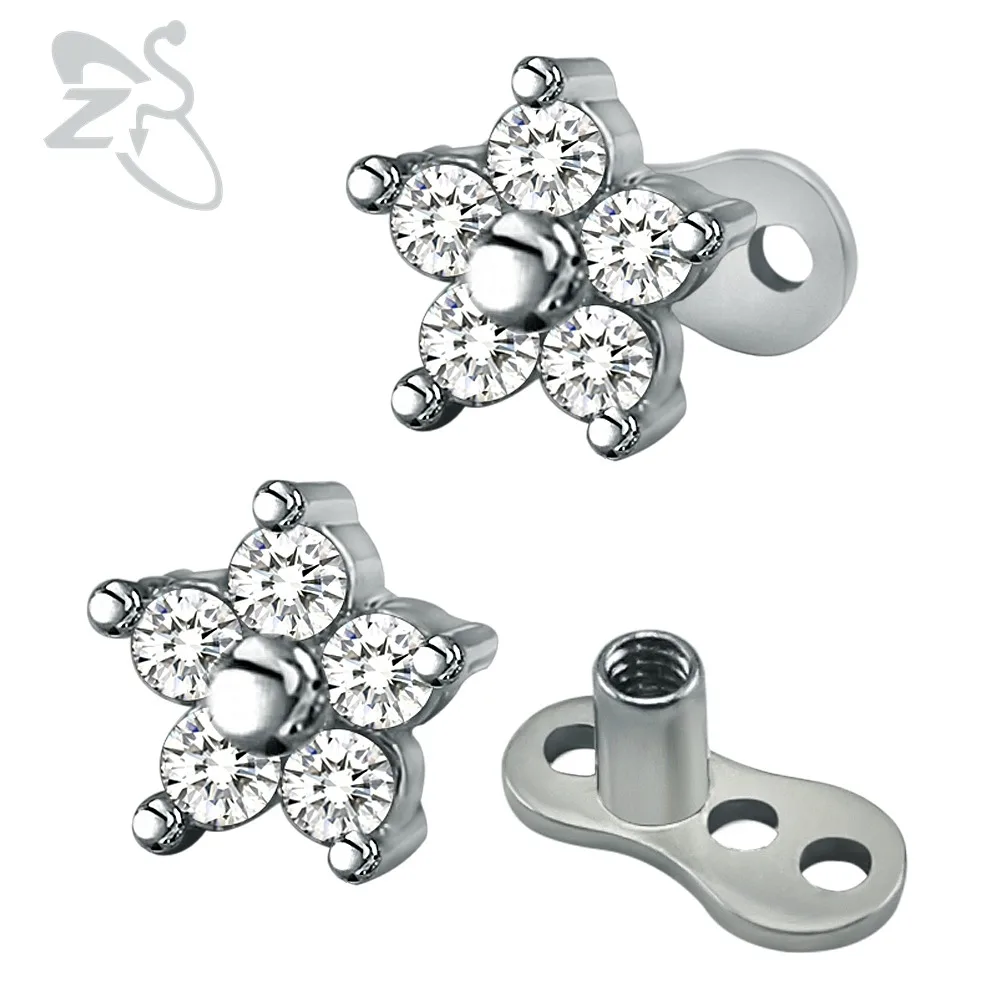 Lovely Flower Crystal Dermal Anchor Piercing With Holes Stainless Steel Micro Dermal Divers Hide ...
