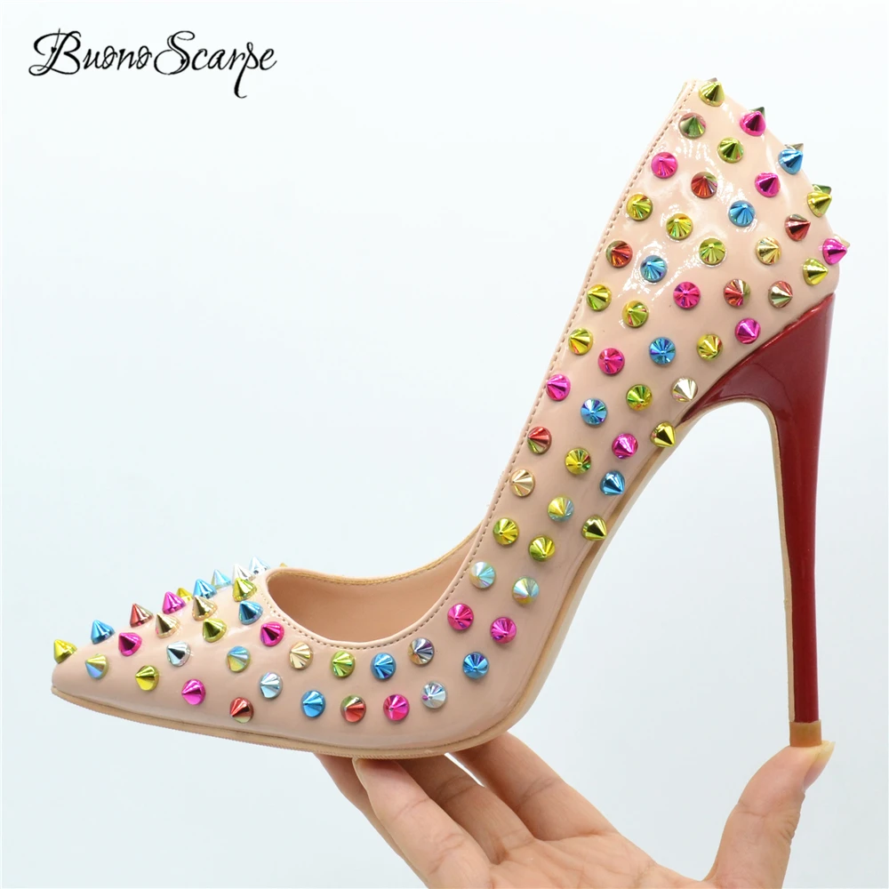 BuonoScarpe Sexy Colorful Rivets High Heel Pumps Pointed Toe Spiked ...