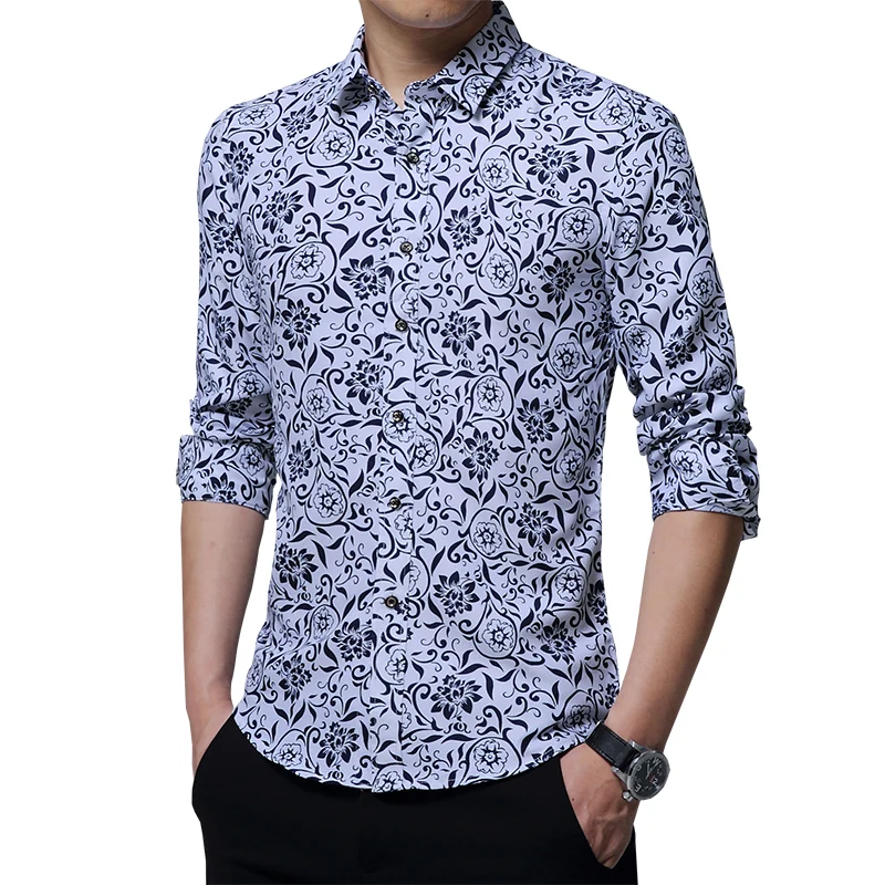 Spring Men's Shirt Floral Printing Long Sleeve Shirts Men Clothes ...