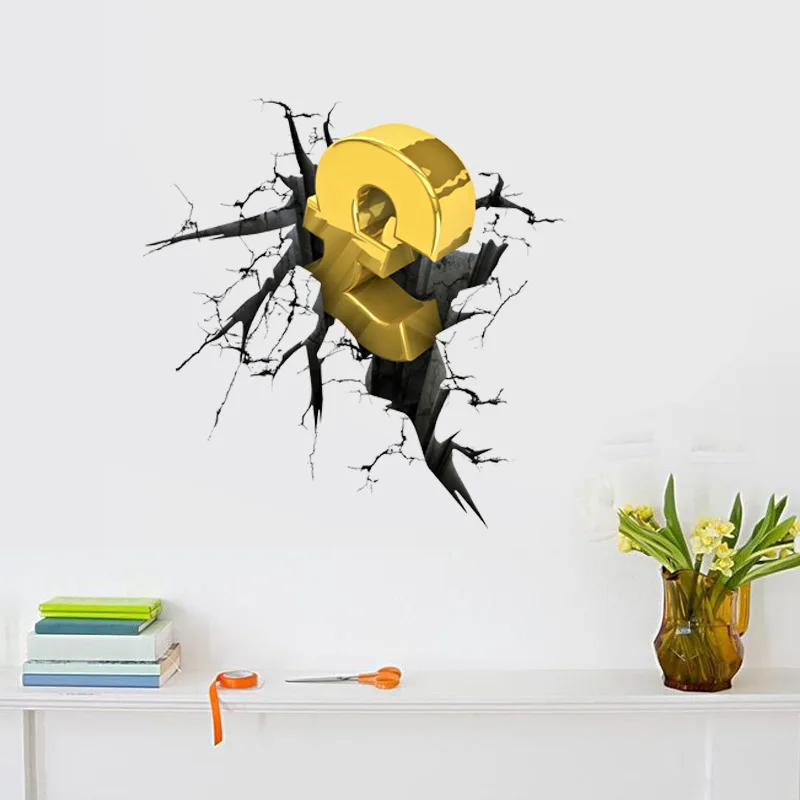 Creative Dollars Pounds Euro Wall Sticker 3D Break Wall Living Room ...