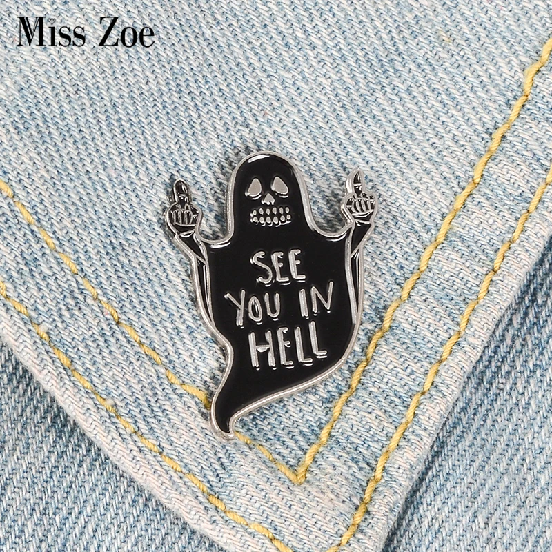 Black Ghost Middle Finger Enamel Pin See You In Hell Badge Brooches Bag ...