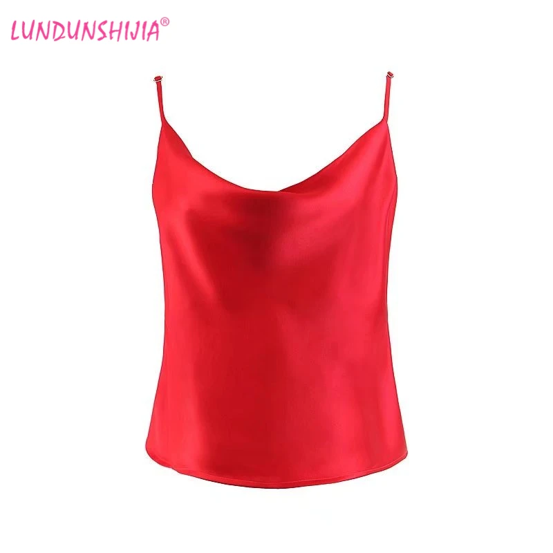 Lundunshijia 2018 Summer Fashion Women Sexy Camisole Top New Ladies Bright Silk Red Black