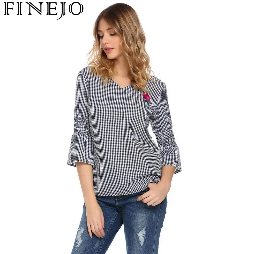 FINEJO Sexy Tshirt Women V Neck Casual Flare 3/4 Sleeve Floral Lattice ...