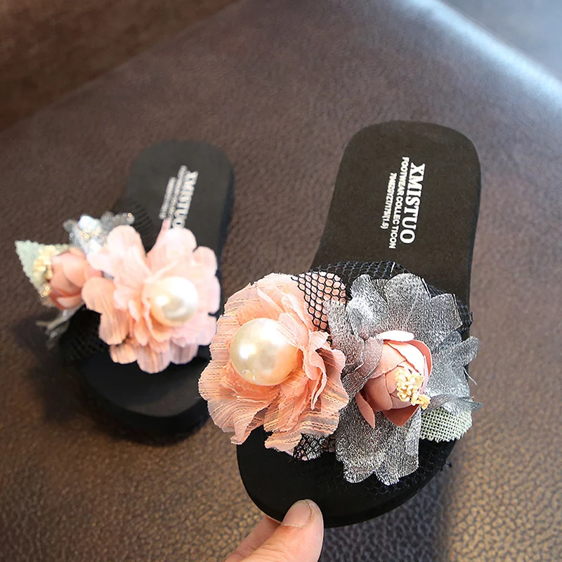 2018 Kids Slippers Lovely Girls Slippers Pearl Flower Summer Shoes ...