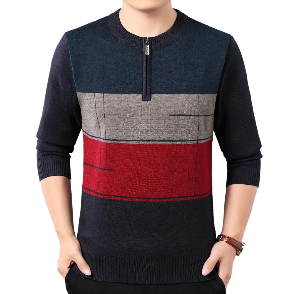 Man Casual Pullover Sweaters Red Gray Striped Knitwear Men Quater ...