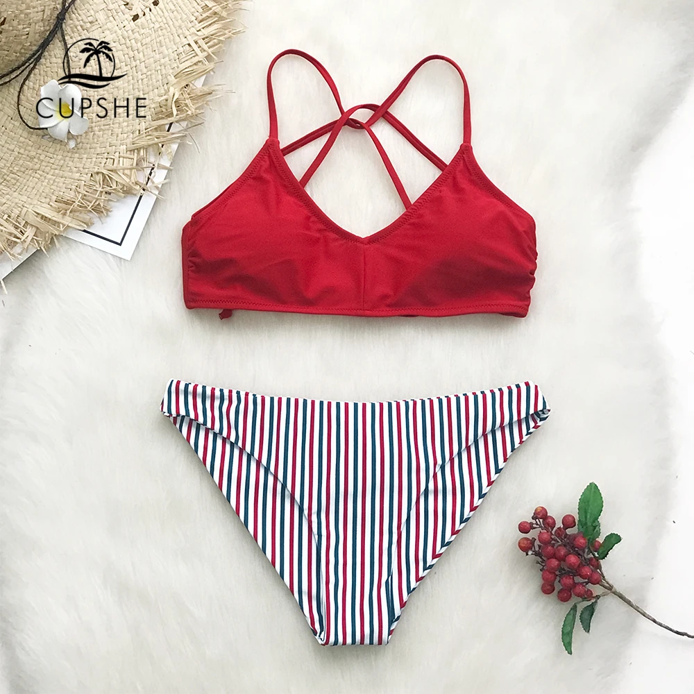 Cupshe Red White And Blue Strappy Bikini Sets Women Sexy Cross And Tie