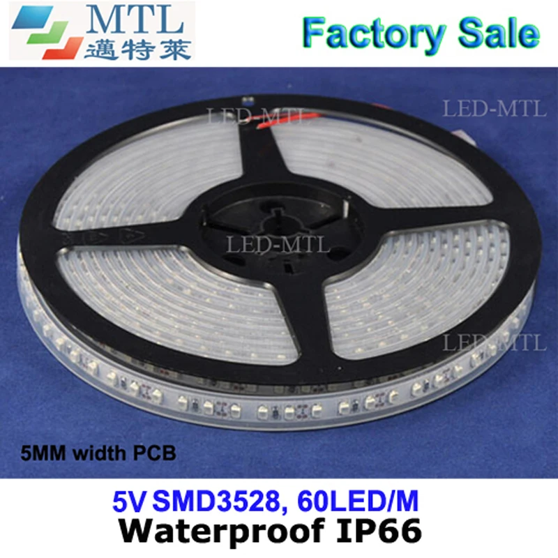 5V 60LED/M 3528 LED strip IP66 high brightness 5MM width PCB, double ...