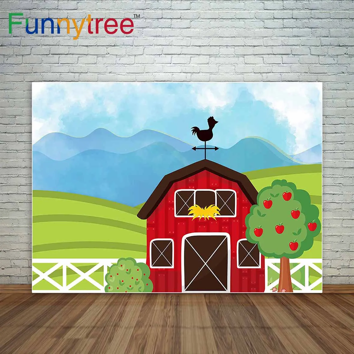 Rural Backdrop Red Barn Fruit Tree Mountain Sky Photography Backdrops ...