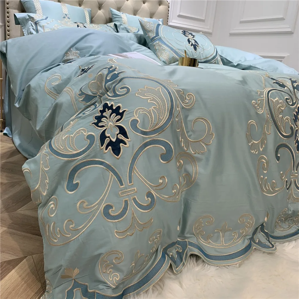 Luxyry Египетский хлопок синий комплекты постельного белья с вышивкой ...