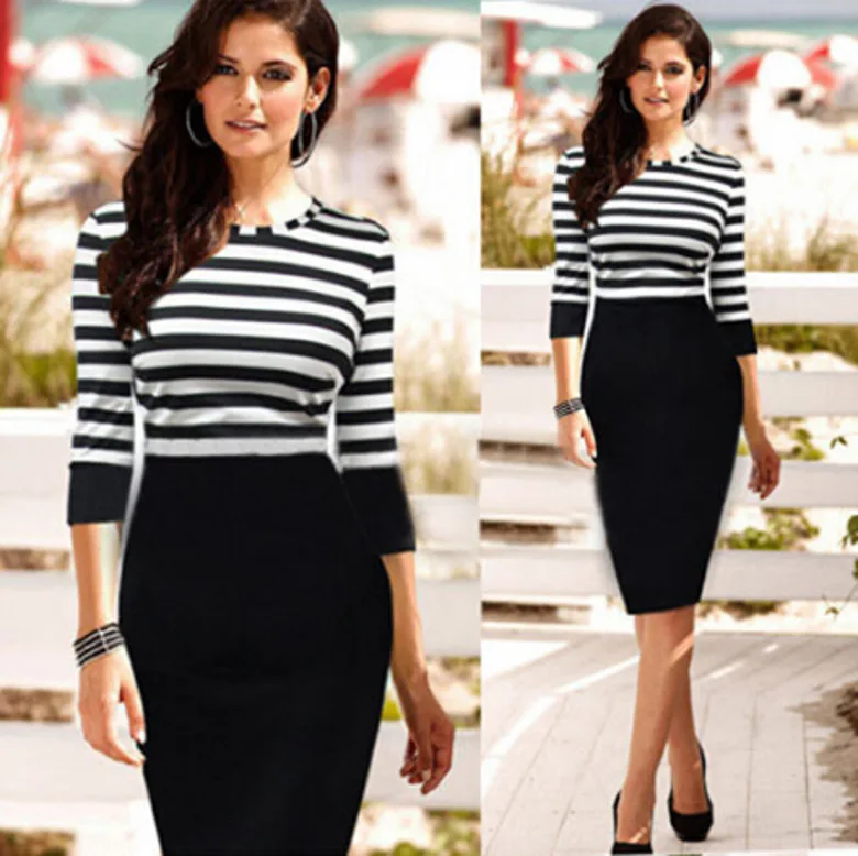 Fashion European Style Women Pencil Dresses Classical Striped Knitted ...