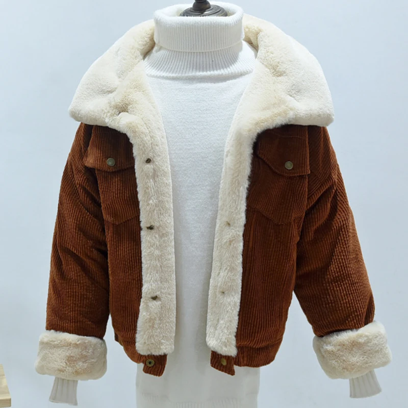 Woman Loose Corduroy Jacket New Thick Winter Lambswool Fur Coat L0045