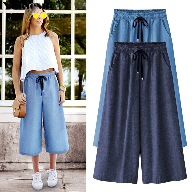 Pantalones capri de pierna ancha para mujer, capris vaqueros de cintura ...