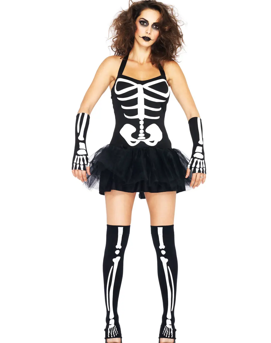 Sexy Undead Skeleton Cosplay Halloween Costume For Women Skeleton Black Halter Mini Dress