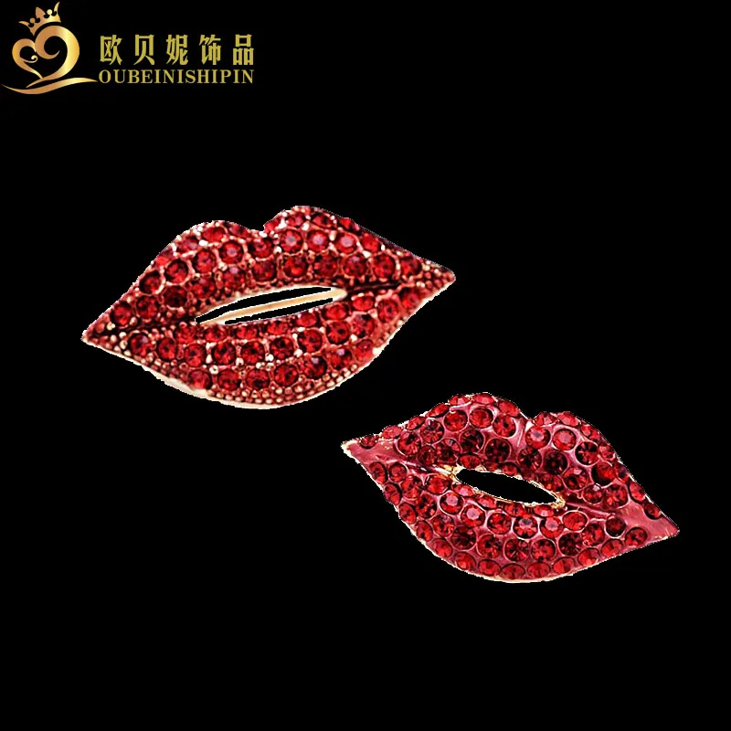 OBN alta moda oro lindos labios rojos broches joyería esmalte camisa ...