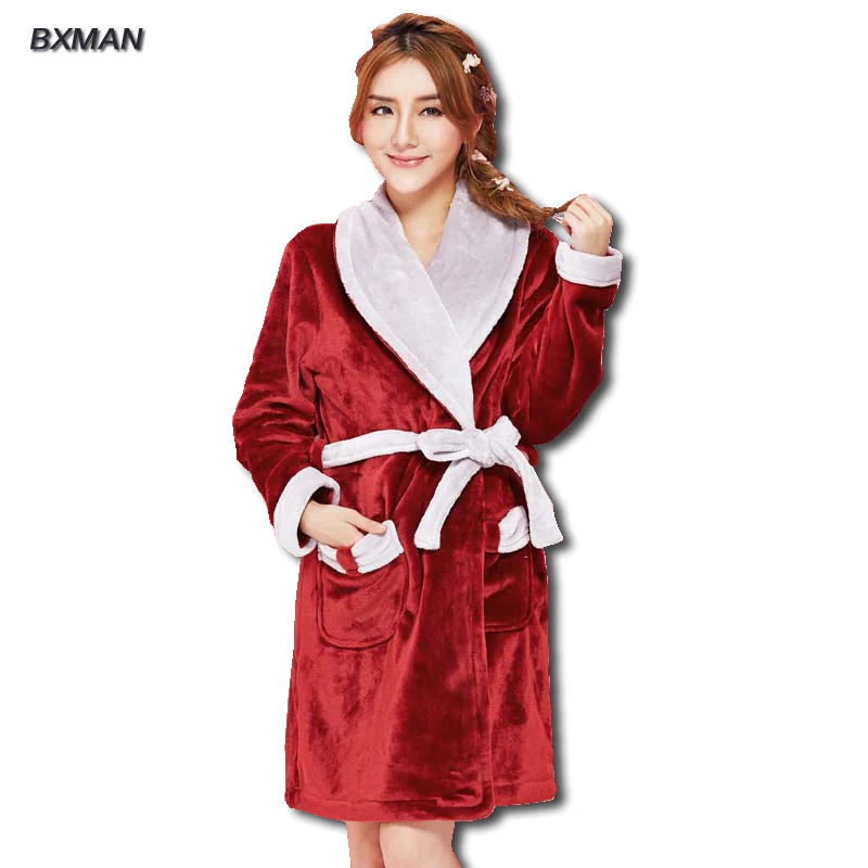 2016 Classic Flannel V Neck Polyester Women Robe Long Sleeve Plus Thick Velvet Sleepwear Size M