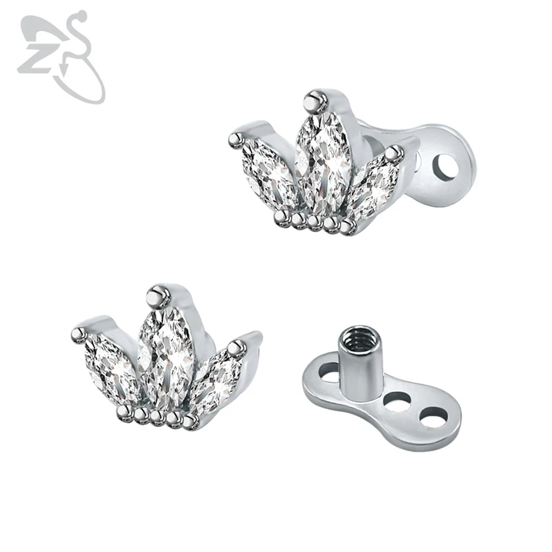 Zs Leaves Flower Dermal Anchor Cubic Zirconia Stone Internally Threaded ...