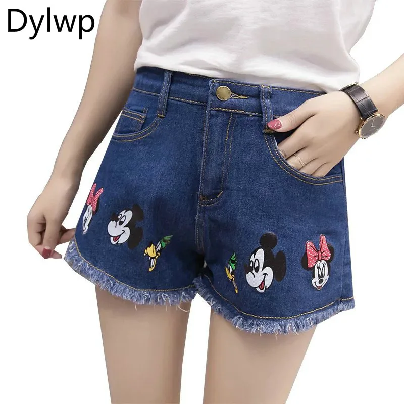 2018 summer embroidery mickey shorts fashion Korean women mini high ...