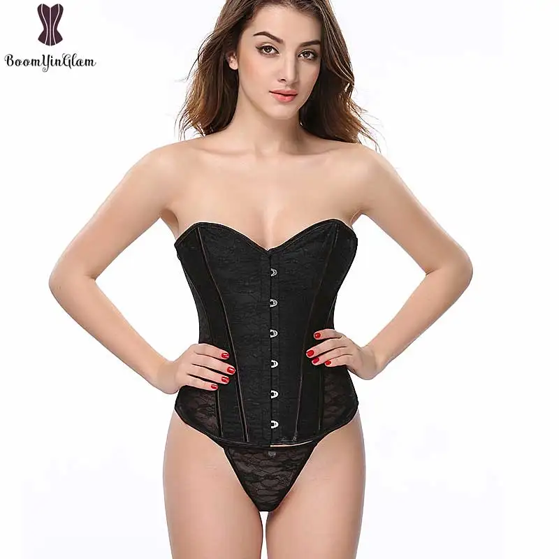 Lace Floral Overbust Corset Top Black Front Busk Closure Spiral Steel