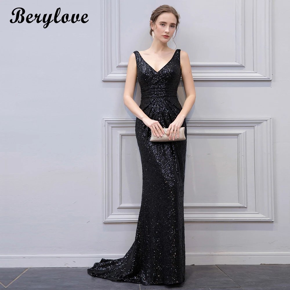 BeryLove Simple Mermaid Black Sequin Evening Dresses 2018 Long Deep V ...