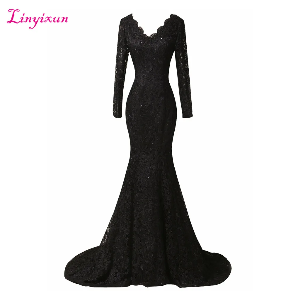 Linyixun Real Photo Preto V Neck Lace Vestidos De Baile 2017 Trem Da