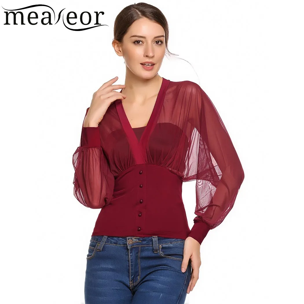 Meaneor Tulle Sheer Mesh Shirt Women See through Fitted Waist Batwing ...