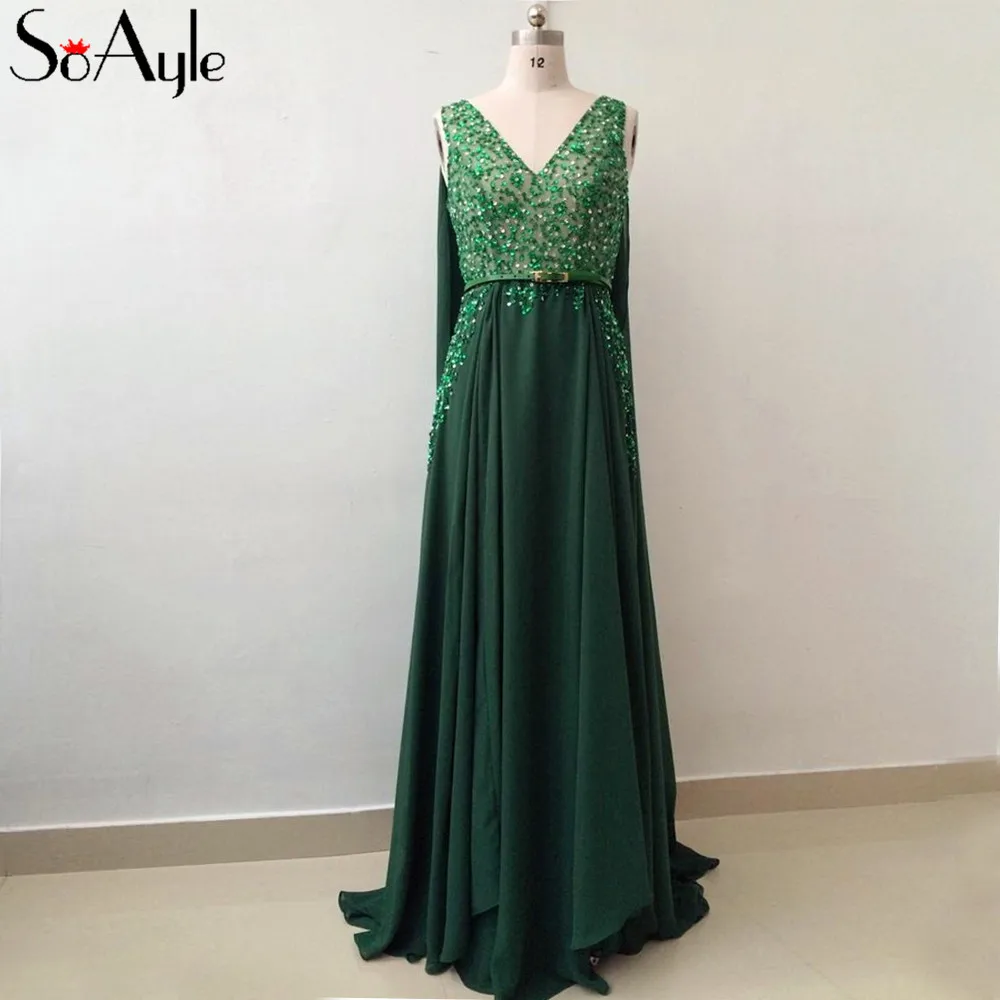 SoAyle Dark Green Prom Dresses 2018 Beading V Neck Chiffon Long Evening ...
