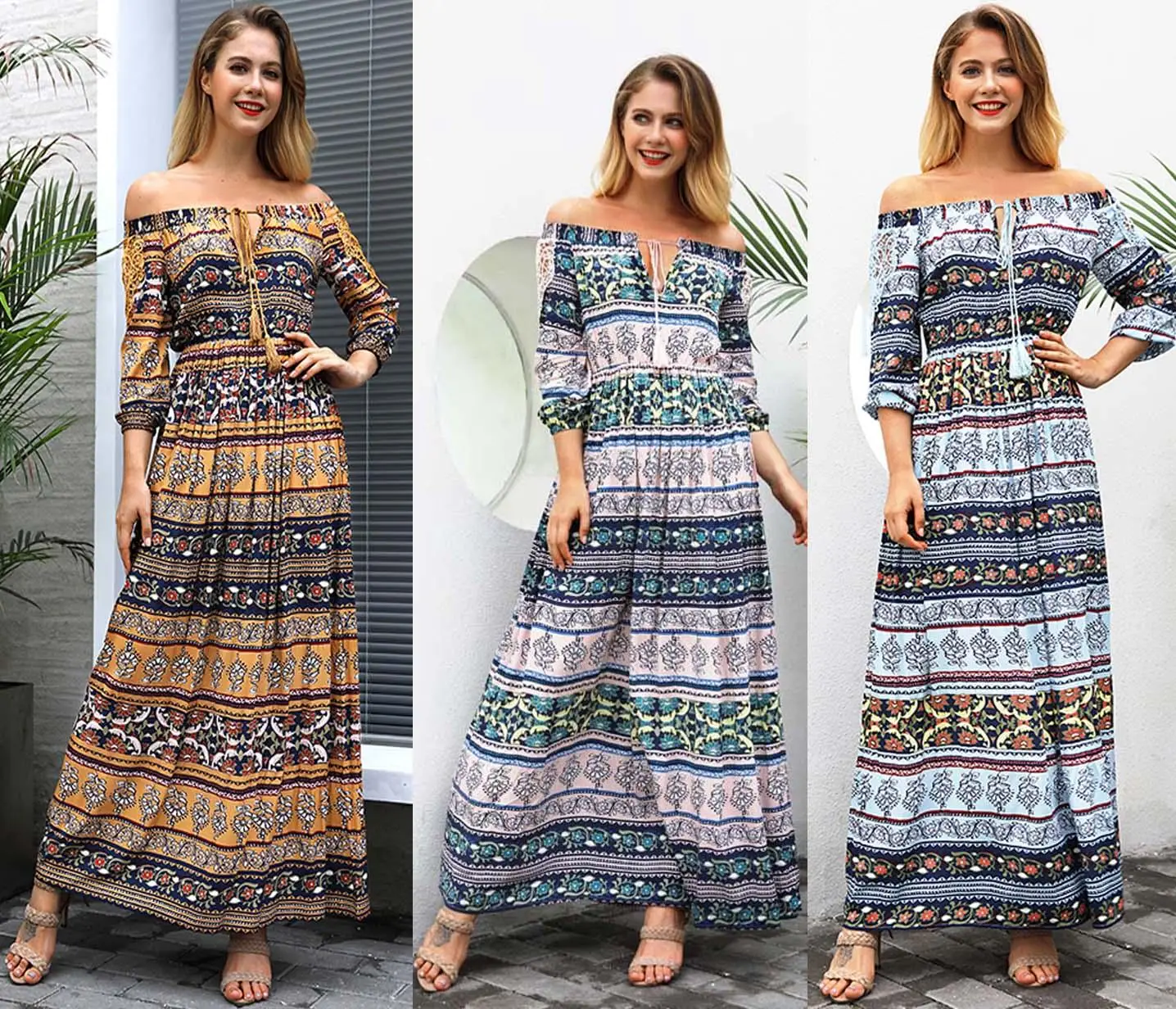 New Boho Maxi Beach Summer Dress Women 2018 Slash Neck