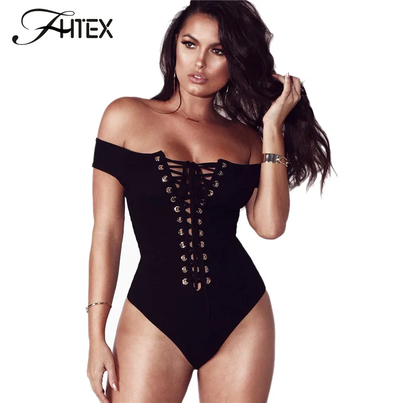 Fhtex Solid Color Sexy Lace Up Hollow Out Summer Bodysuits Women