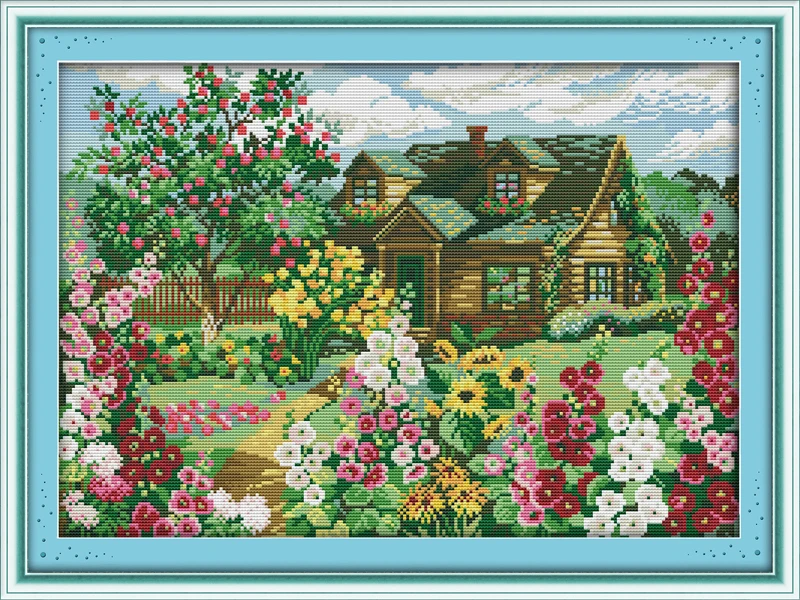 Country cottage cross stitch kit 18ct 14ct 11ct count printed canvas ...