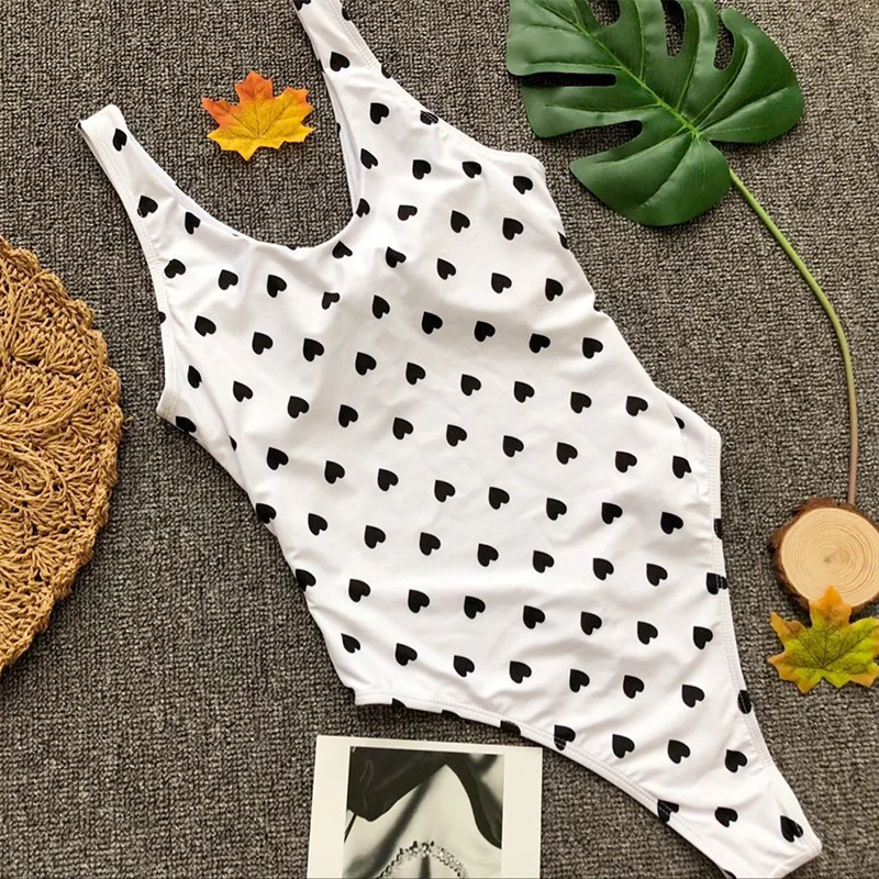 Black Small Heart Print Women One Piece Swimsuit New Hollow Navel ...