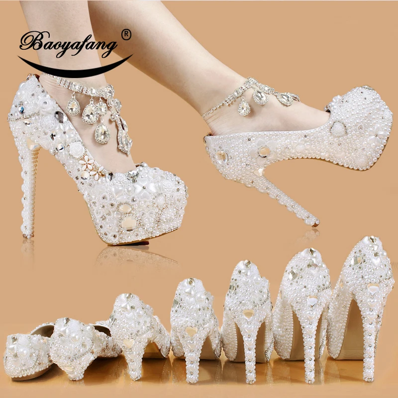 Platform High Heels Crystals | Round Toe Platform Heel Shoe - White ...