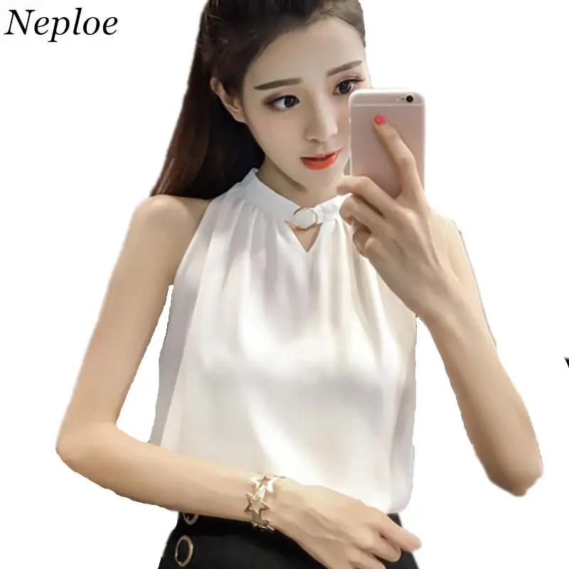 Neploe 2018 Summer Sleeveless Blouse Double Chiffon Shirt Halter