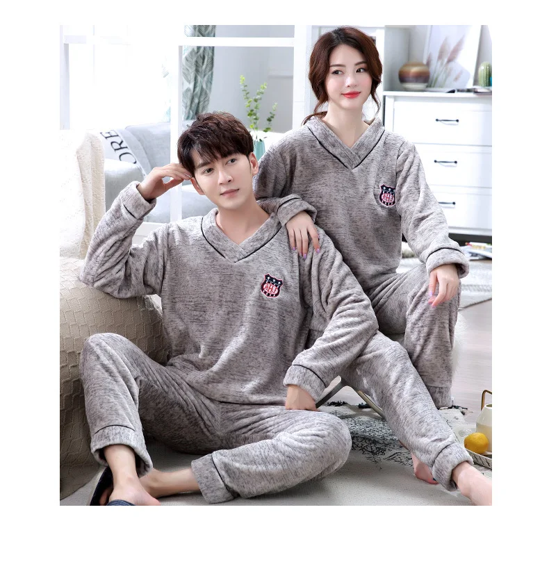 Winter Pajama Sets Warm Flannel Couple Pyjamas V Neck Thick Coral ...