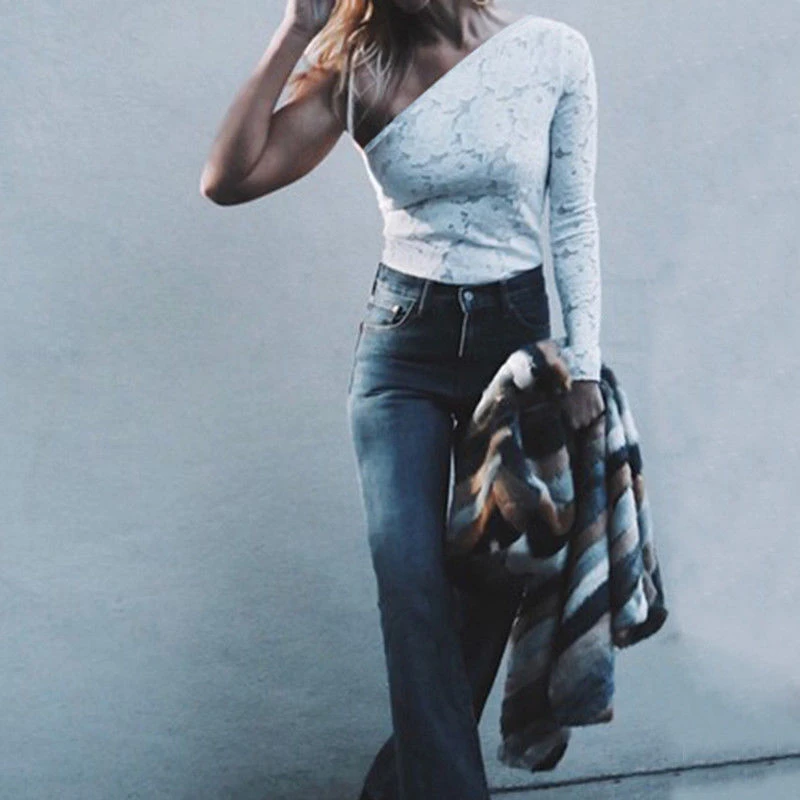 One Shoulder Lace Blouse Shirt Women Tops Sexy Hollow Out White Blouse