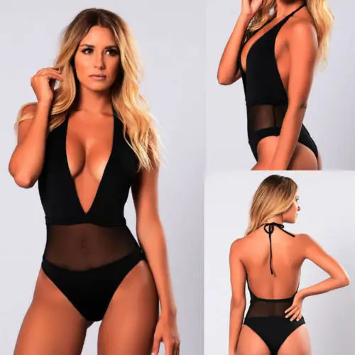 Sexy Women Deep V Neck Backless One Piece See Through Swimsuit Swimwear