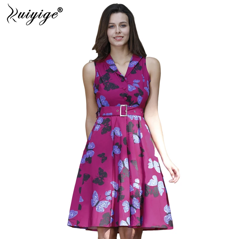 Ruiyige 2018 Women Sleeveless Elegant Floral Dress High Waist V Neck