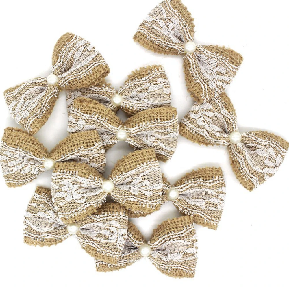 10pcs Vintage Natural Jute Burlap Hessian Bows Lace Ribbon Wedding ...