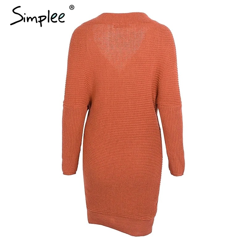 Simplee Sexy V Neck Cross Knitting Sweater Dress Elegant Long Sleeve