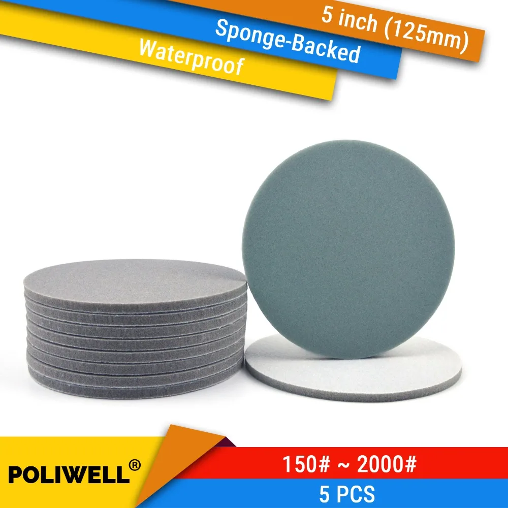 5PCS-5-Inch-125mm-Sponge-Backed-Hook-Loop-Waterproof-Sanding-Discs ...