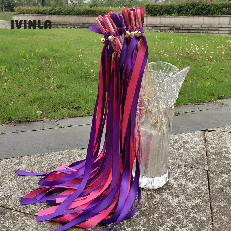 50pcs/lot fushia and purple ribbon Wands with Bells for wedding party ...