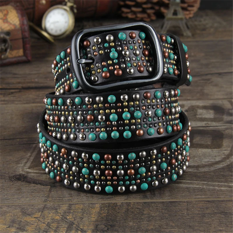 Cowboy Colorful Metal Rivet Genuine Leather Men Belt Stud Belts For Men ...