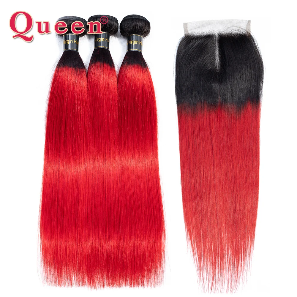 Queen Hair Products Remy Ombre Red Hair Bundles With Closure 3 Bundles ...