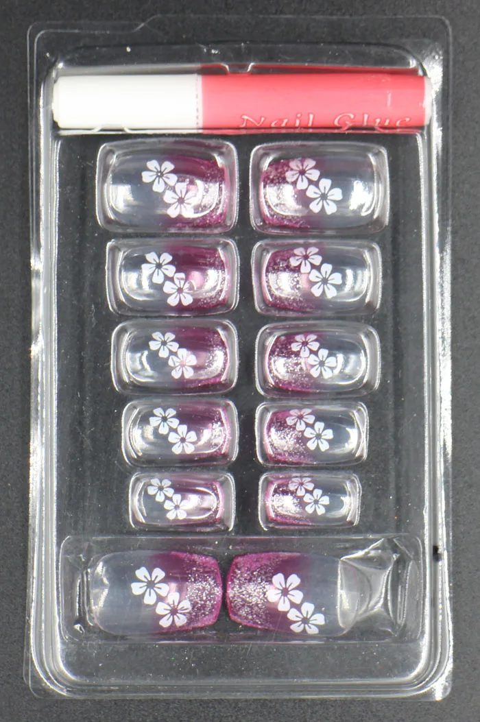 12pcsset With 2g Glue Short Pre Design Printing Full Cover False Acrylic Nails With French Tips