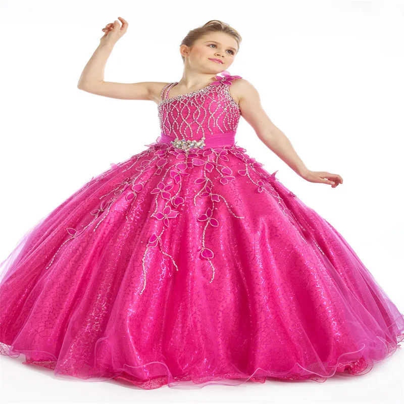 One Shoulder Hot Pink Ball Gowns Little Girls Pageant Dresses Custom ...