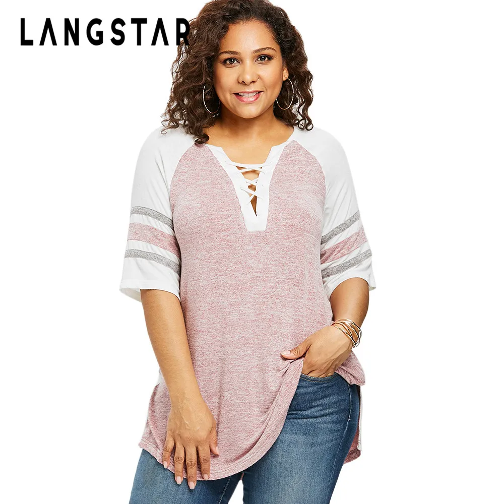 LANGSTAR Plus Size Women T shirts Lace Up Marled T shirt Deep V Plus ...