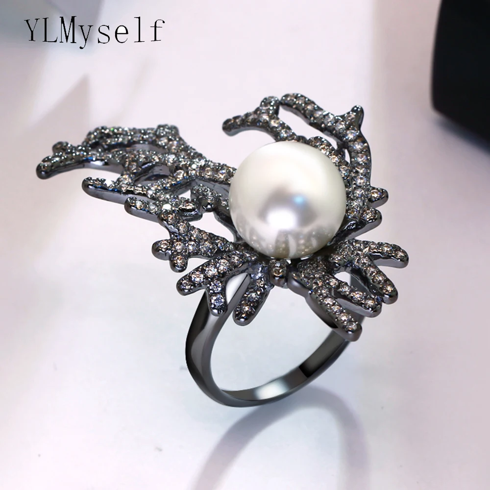 Fantastic Large Branch design ring black plate with pearl and crystal ...