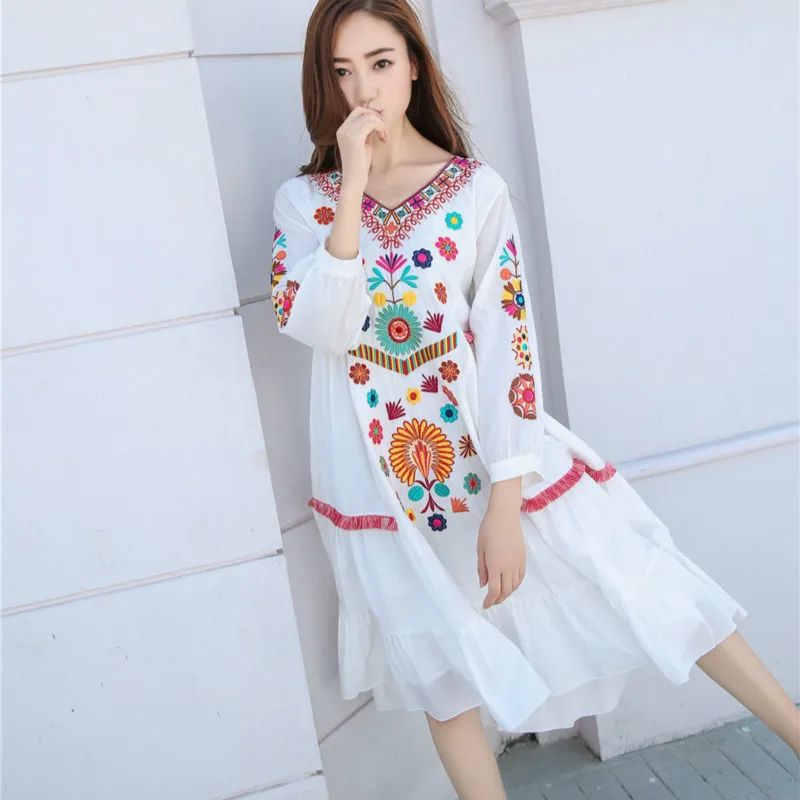New Bohemian Dress Women Spring and Autumn Casual Embroidery Cotton ...