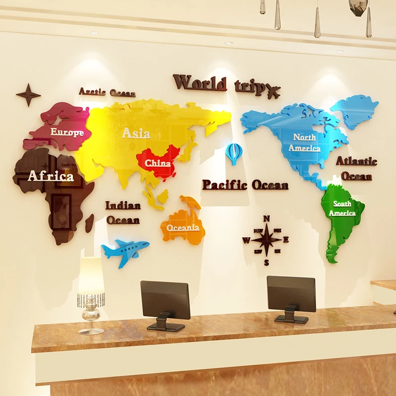 New Color World Map Acrylic Wall Stickers 3d Solid Wall Decoration ...